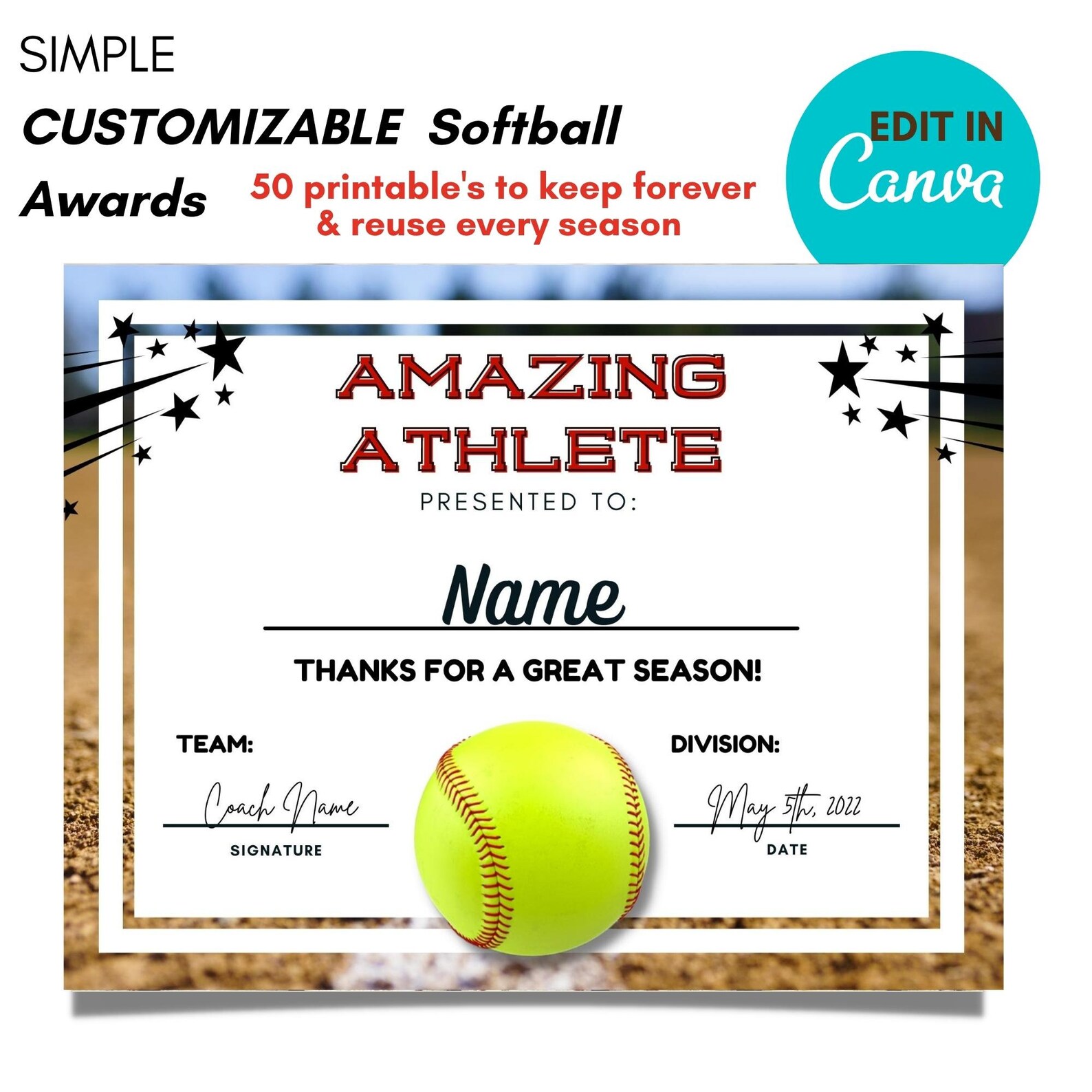 Girls Softball Team Award Certificates for Team Moms Coaches - Etsy