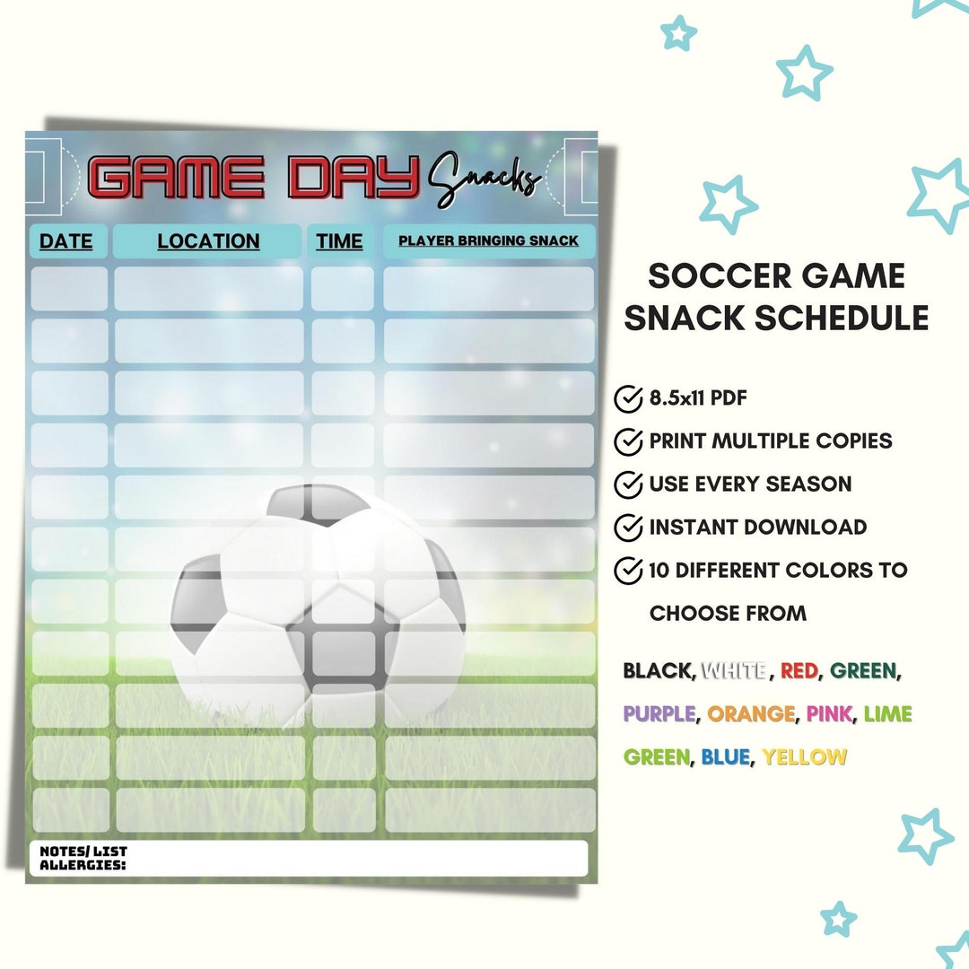 Soccer Game Day Snack Schedule Sign up Sheet, Instant Download, No ...