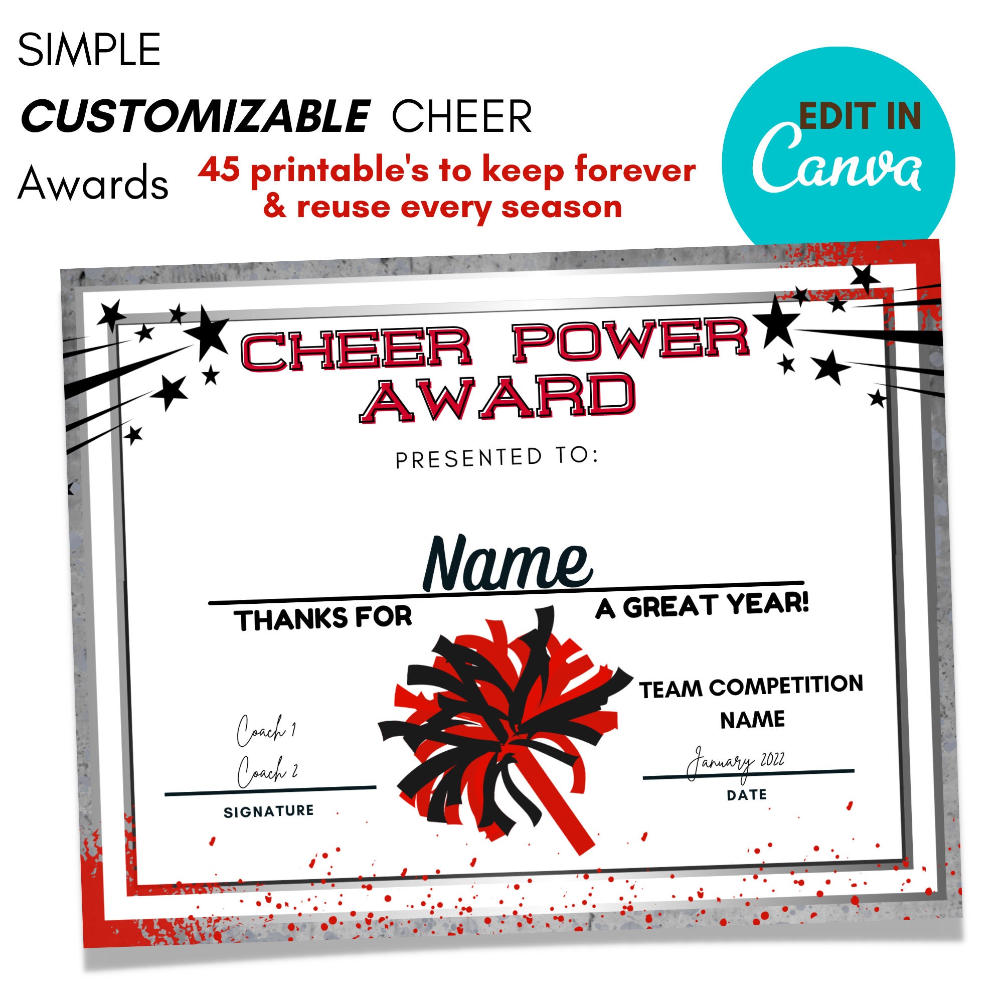 Cheerleading Award Certificates, Red & Black Pom Poms Design for ...