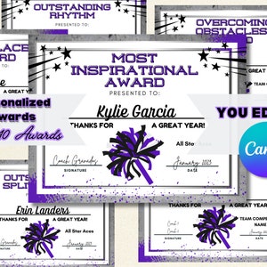 Cheerleading Award Certificates, Purple & Black Pom Poms Design for ...