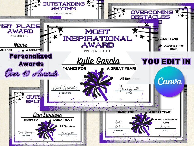 Cheerleading Award Certificates, Purple & Black Pom Poms Design for ...