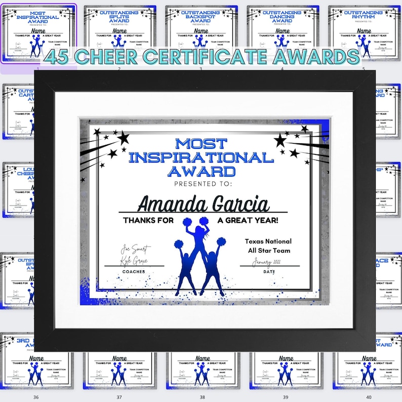Cheerleading Award Certificates, Royal Blue Editable for Team Moms ...
