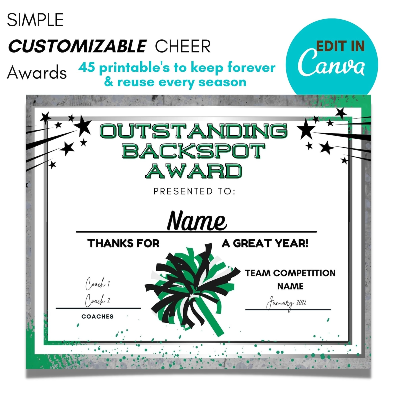 Cheerleading Award Certificates, for Team Moms and Coaches, Green ...
