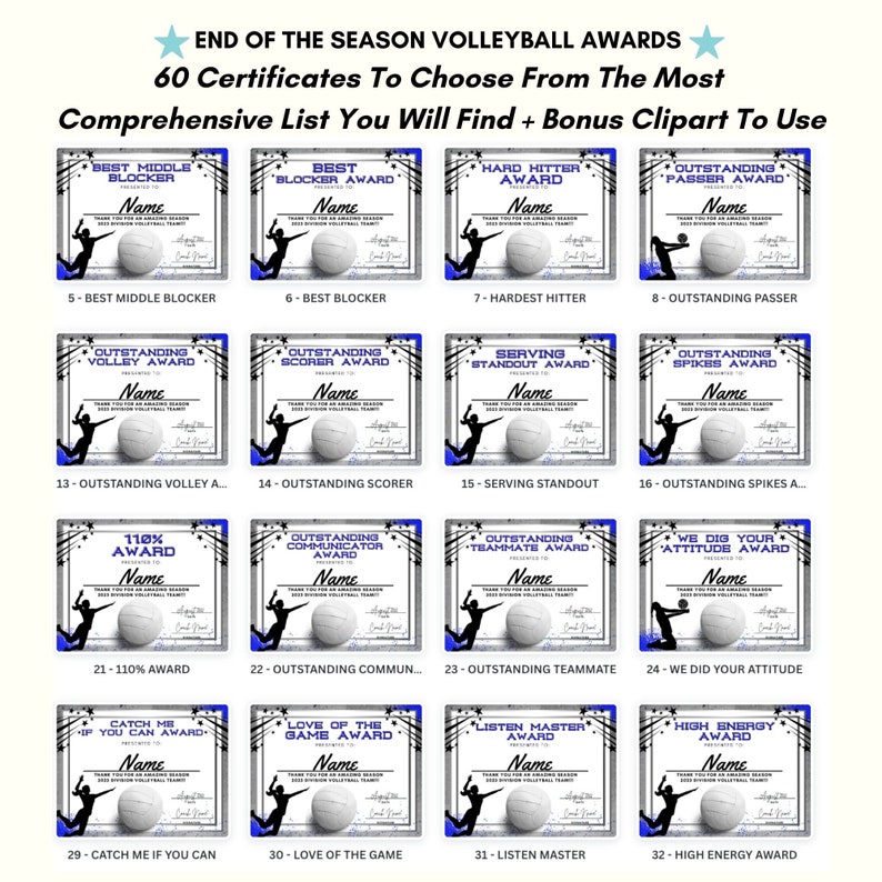 Editable Volleyball Award Certificates, 60 Team Sports and Achievement ...