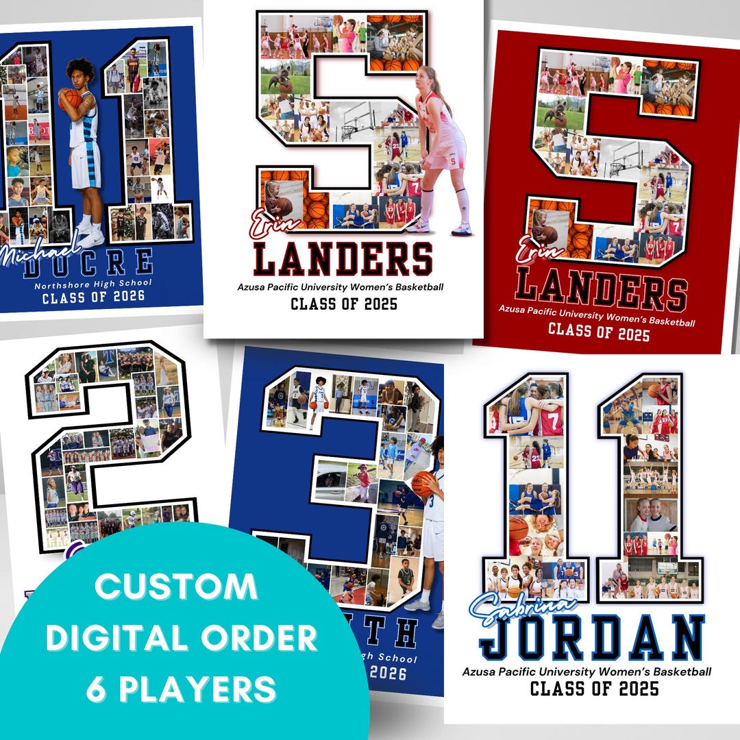 Basketball Senior Night Photo Collages, Custom Number Poster (6 Players ...