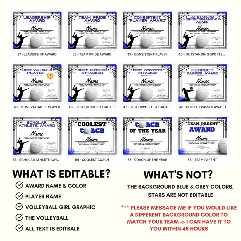 End of the Season Volleyball Player Award Certificates, | 60 Team ...
