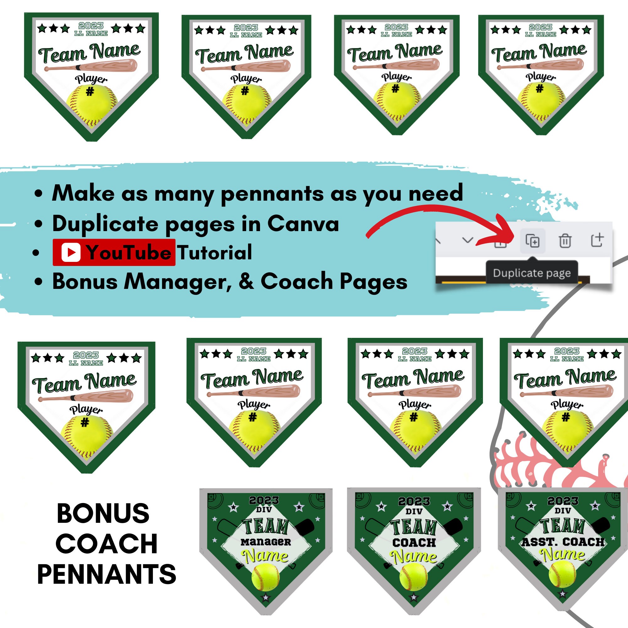 Softball Girls Banner Template, Team Pennants, GREEN & GREY Team, Just ...