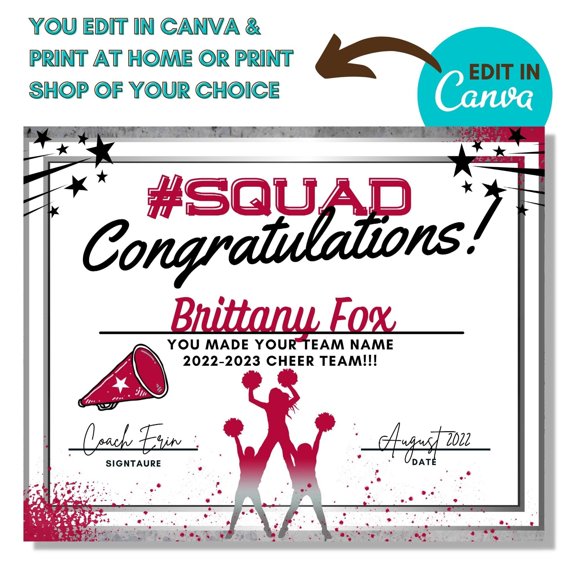 Congrats You Made the Cheer Team Squad Printable Certificates - Etsy