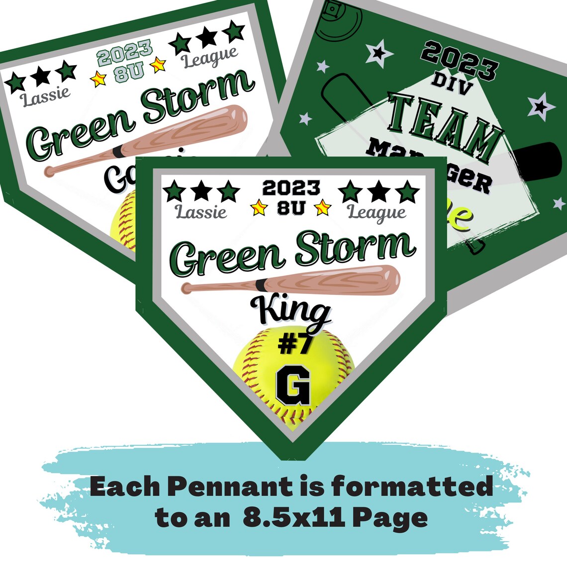Softball Girls Banner Template, Team Pennants, GREEN & GREY Team, Just ...