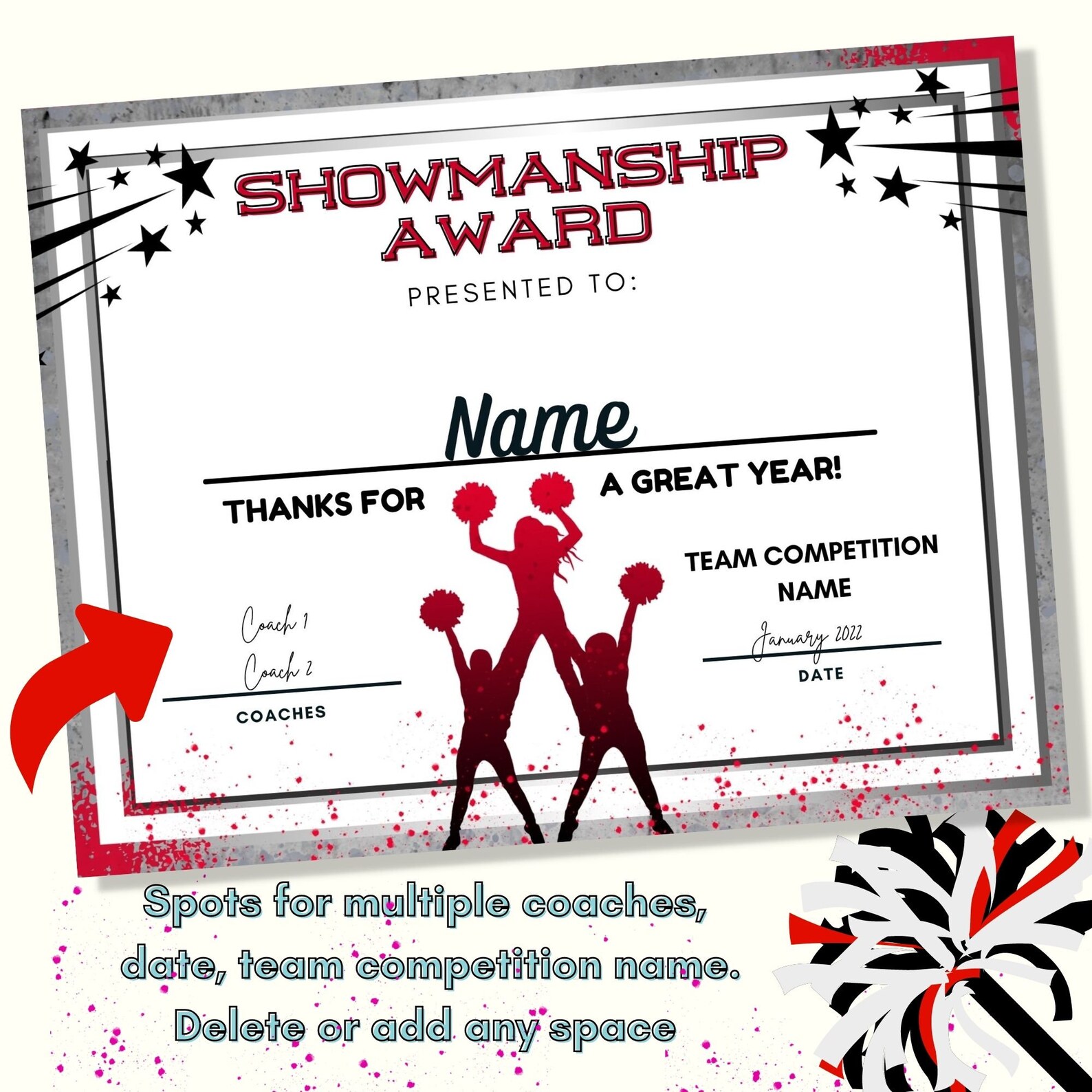 Cheerleading Award Certificates, Editable for Team Moms, Coaches, RED ...