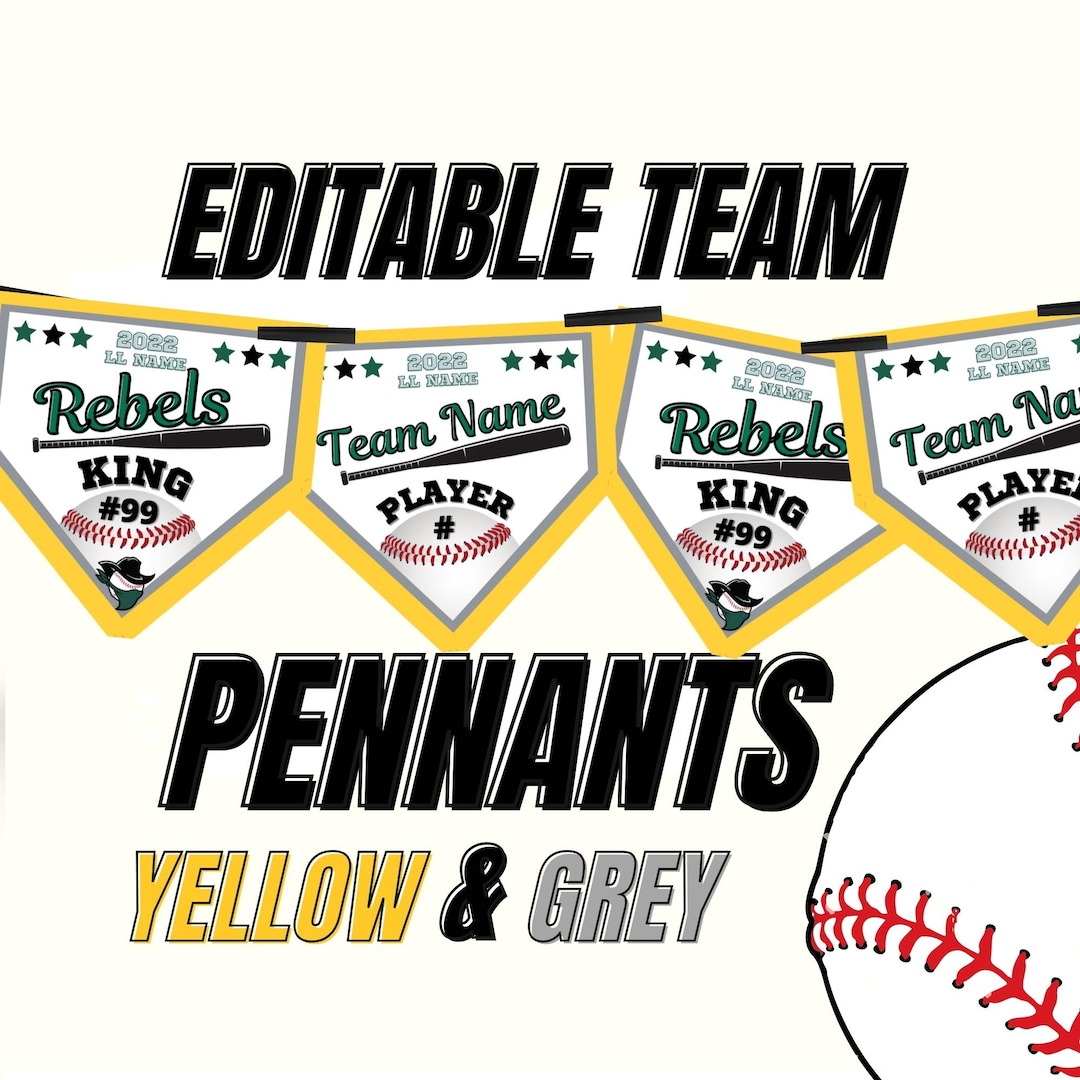 Baseball League Editable Pennant Banners, Yellow & Gray Team Templates ...