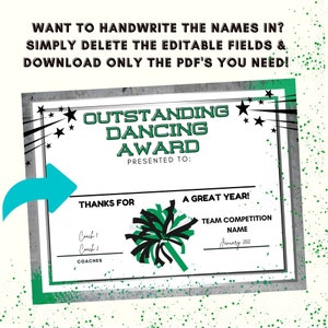 Cheerleading Award Certificates, for Team Moms and Coaches, Green ...
