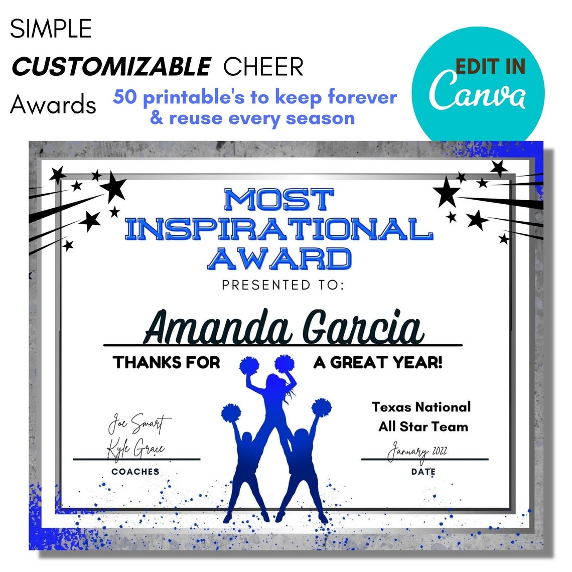 Cheerleading Award Certificates Royal Blue Editable for Team | Etsy