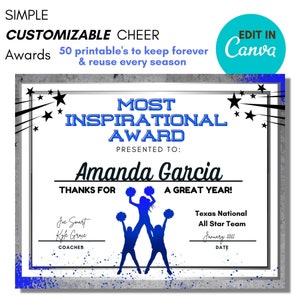 Cheerleading Award Certificates, Royal Blue Editable for Team Moms ...