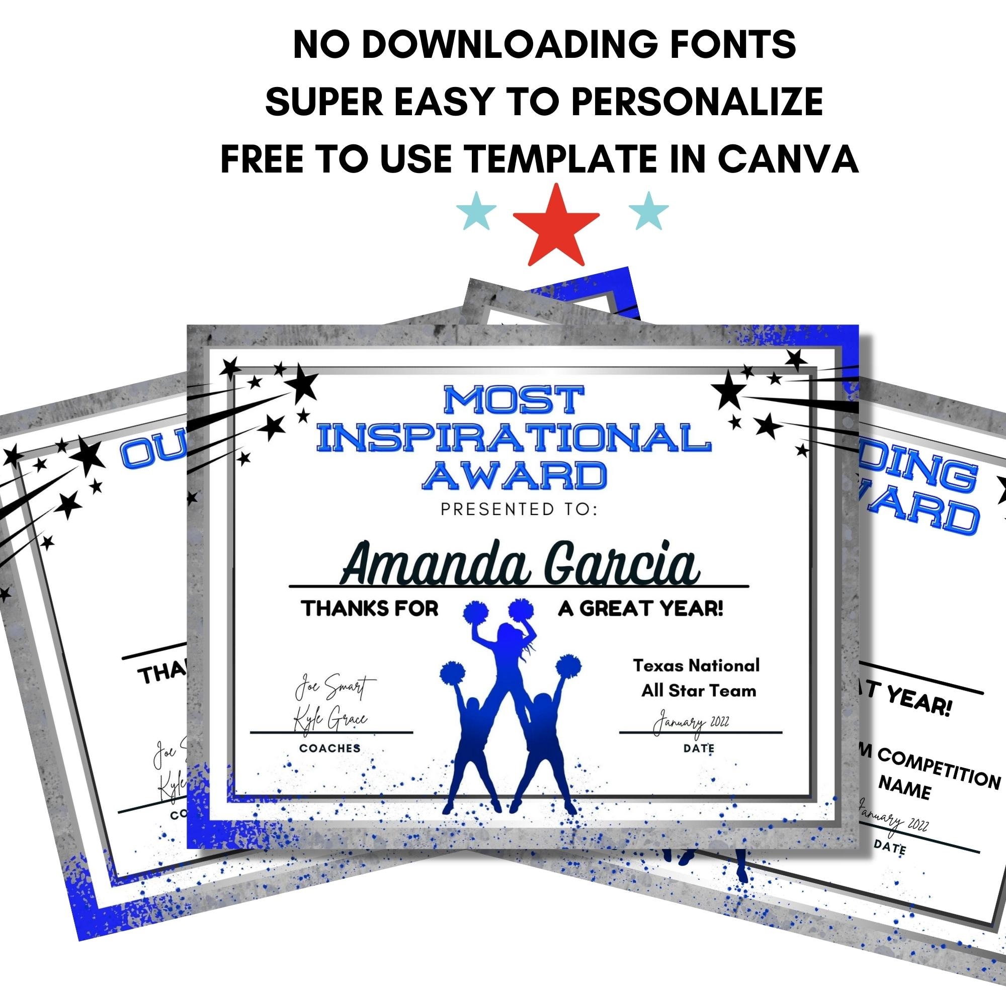 Cheerleading Award Certificates Royal Blue Editable for Team - Etsy