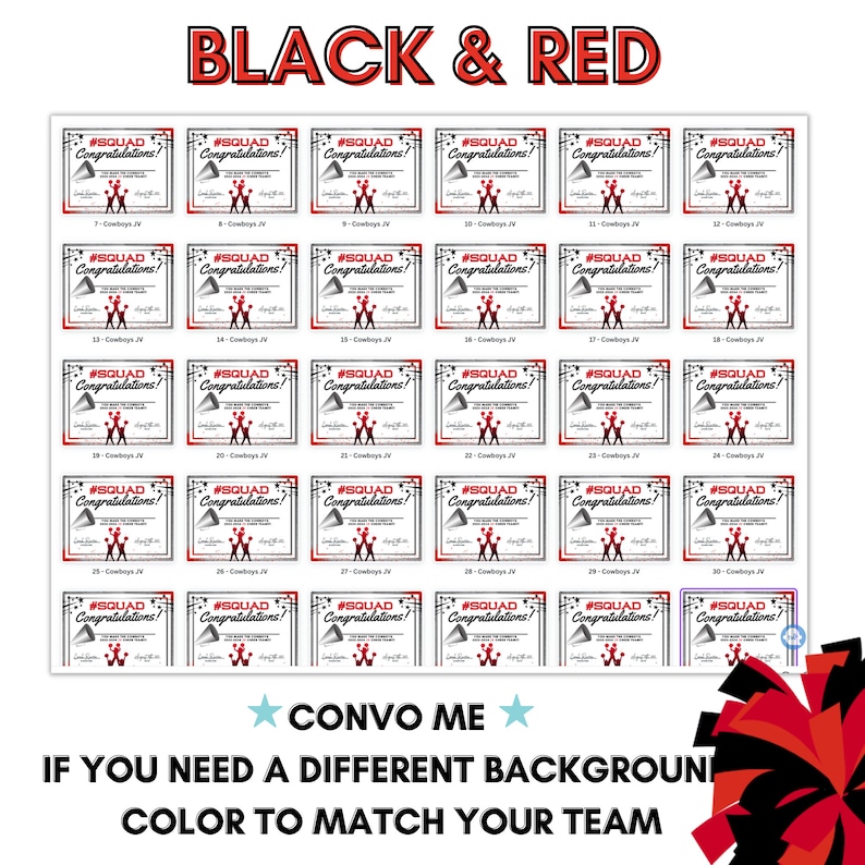 Congrats You Made the Cheer Team Squad Printable Certificates, Red ...