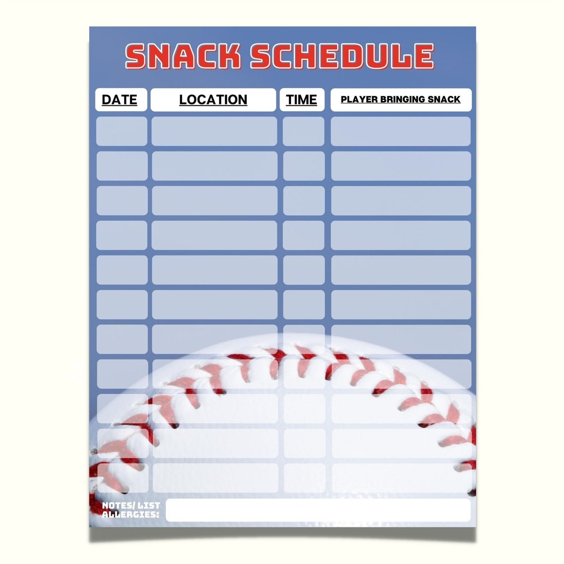 Baseball Snack Schedule Sign Up Sheet 8 5 X11 Snack Bags Etsy