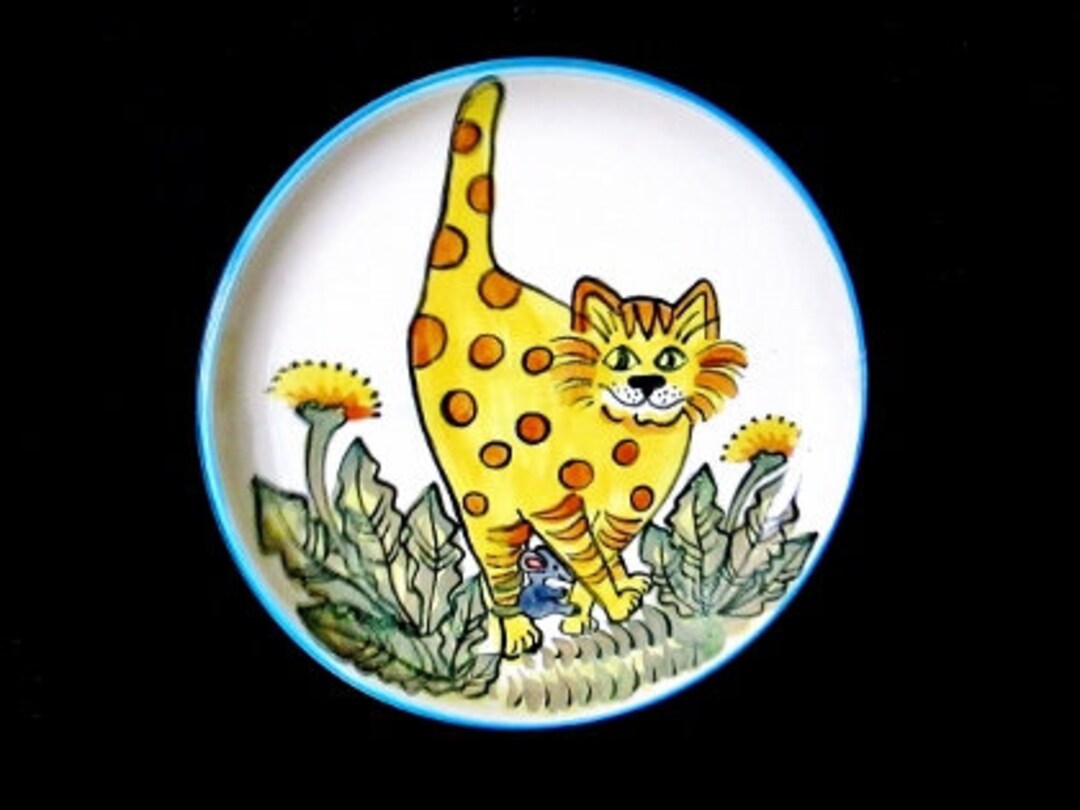 Whimsical Art Pottery Plate Yellow Cat Mouse Dandelions Signed S S - Etsy