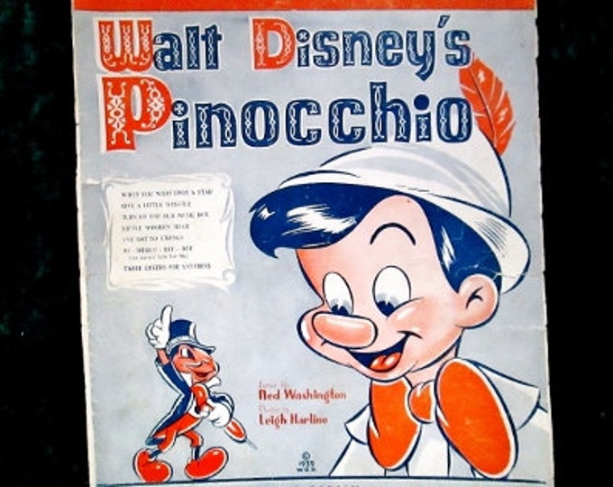1940 Sheet Music Walt Disneys Pinocchio Jiminy Cricket Song When You