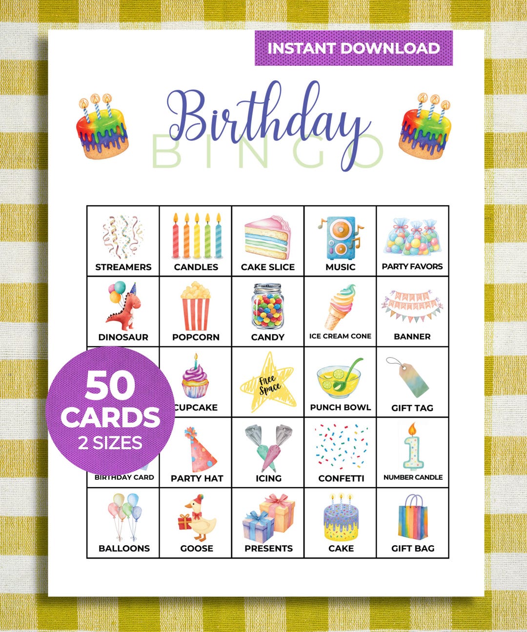 Birthday Bingo Game Activity, Watercolor Party Bingo Cards for Kids ...