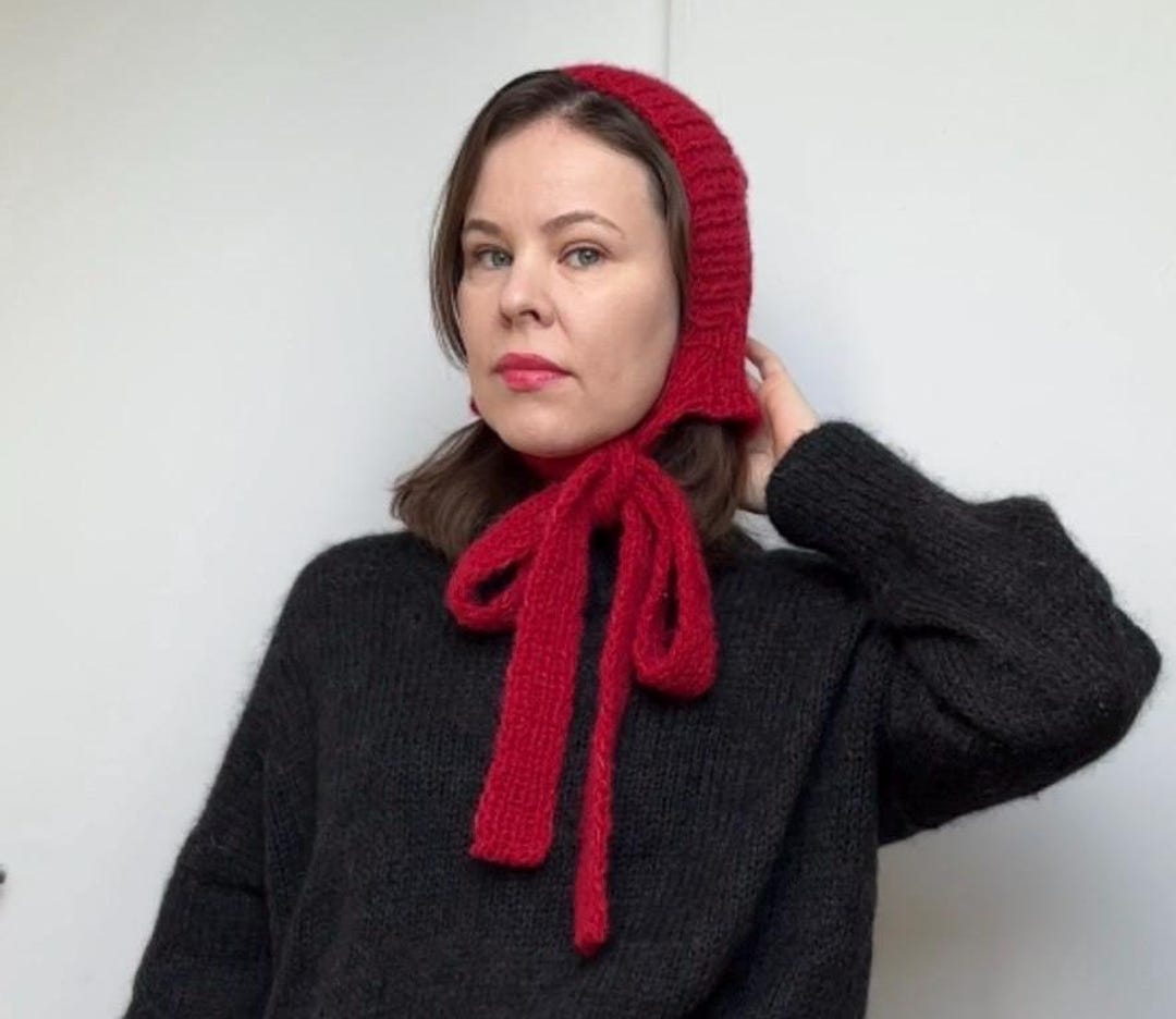 Cherry Red Knitted Adult Bonnet | Hand- Knit Bow Tie Bonnet | Vintage ...