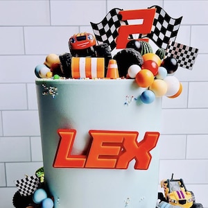 Checkered Flags Name and Age Acrylic Cake Topper Set Race Car Theme ...