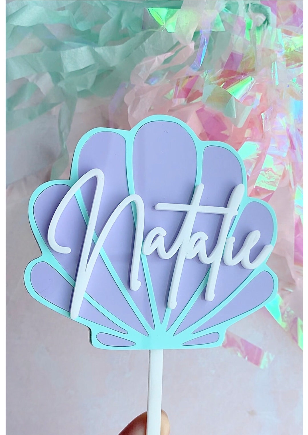 Personalized Name and Colors Seashell Acrylic Cake Topper Mermaid Beach ...