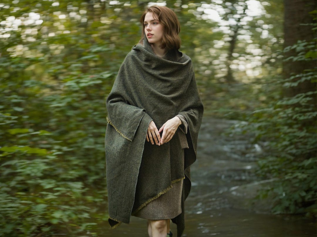 Wool Hooded Cloak Oliver Green & Black Herringbone Tweed Wool Wrap Cape ...