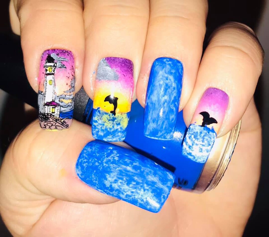 Ocean, Whale and Lighthouse Nail Art // Press-on Nail Set // Hand ...