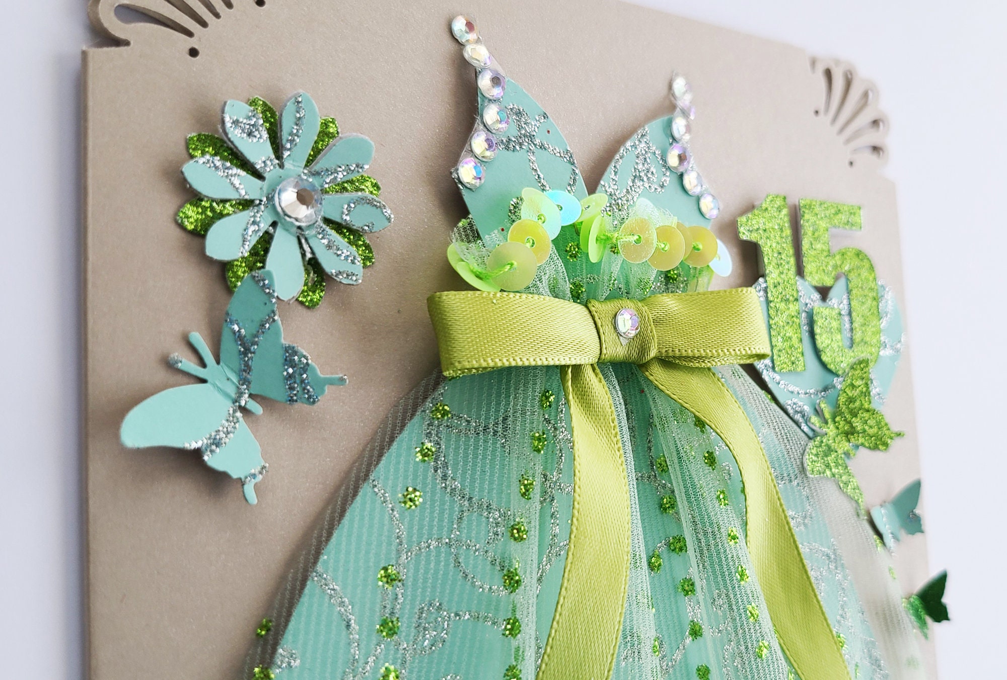 Handmade Aqua Quinceañera Dress Card: Rhinestone & Tulle - Etsy