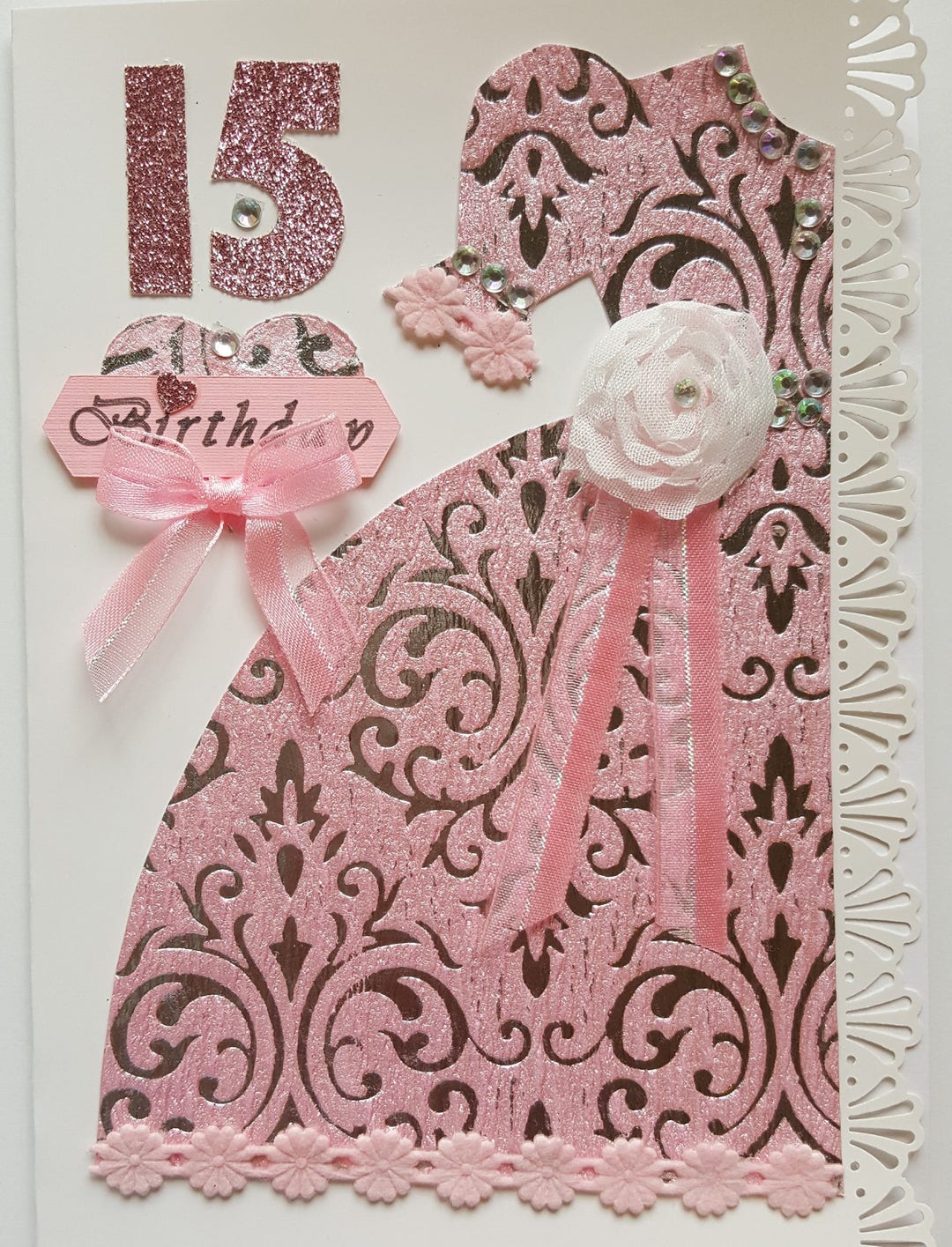 Handmade Pink Quinceañera Dress Card: Rhinestone & Tulle Rose - Etsy