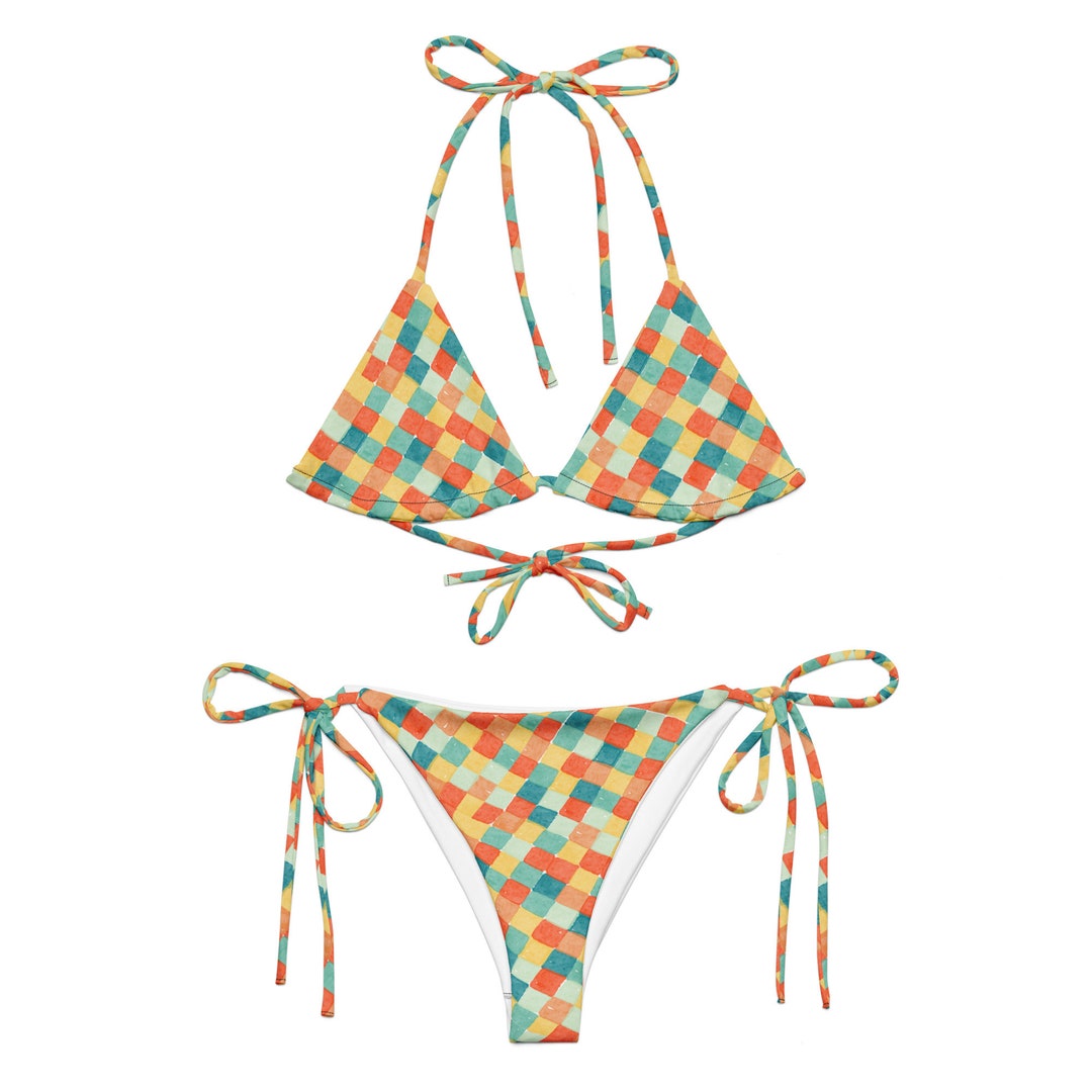 Colorful Painterly Checks, All-over Print Recycled String Bikini, Girls Swimsuit, Womens ...