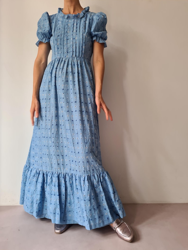 S Xs Vintage Broderie Blue Maxi Prairie Dress - Etsy