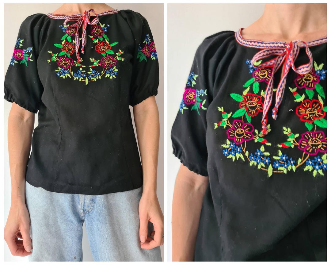 XS S Vintage Folklore Embroidery Peasant Blouse - Etsy