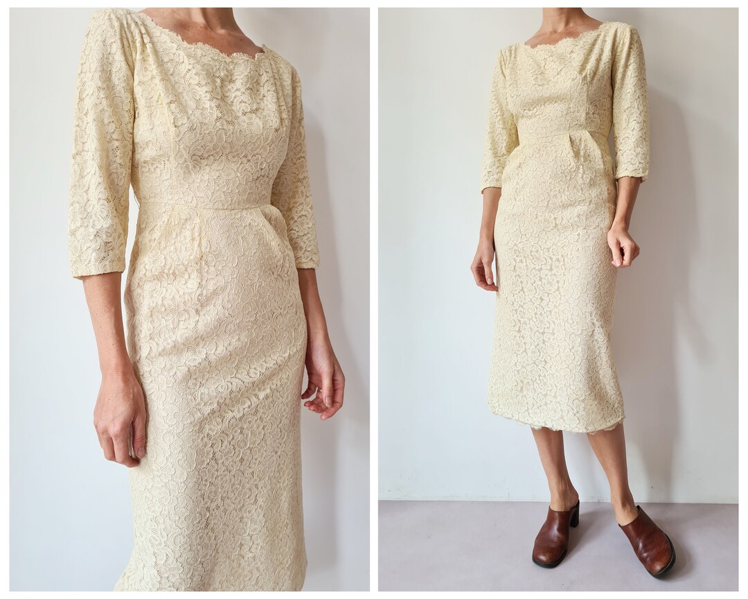 Xs Vintage Fifties Cream Lace Midi Dress - Etsy