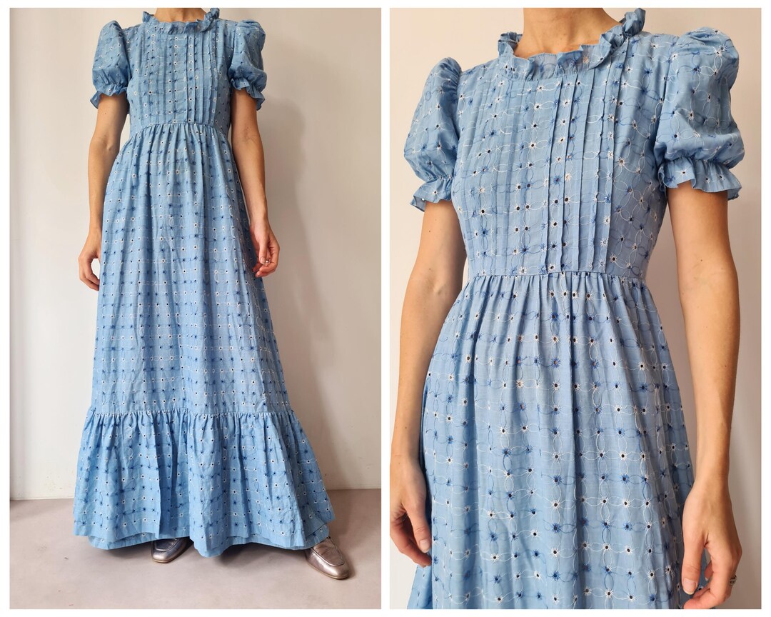 S Xs Vintage Broderie Blue Maxi Prairie Dress - Etsy