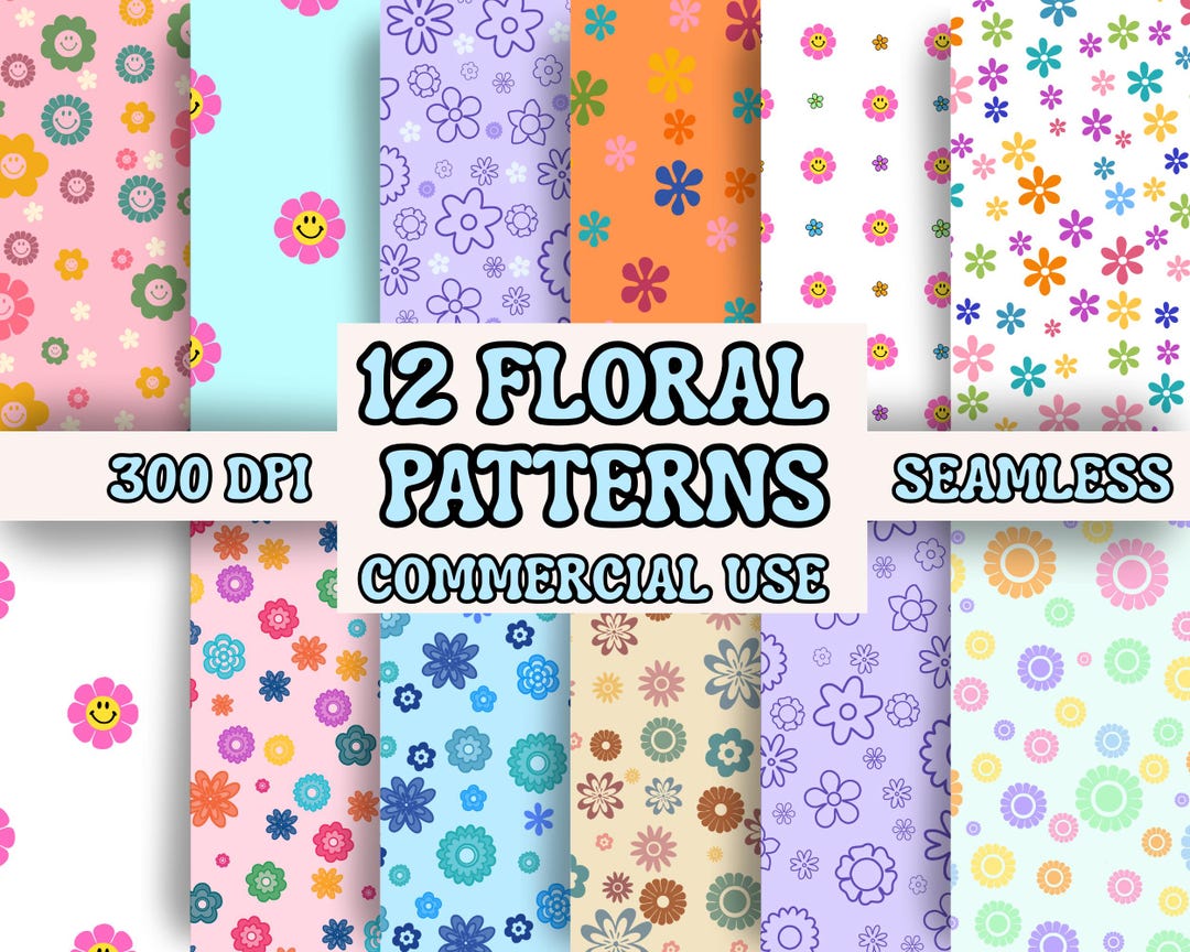 Groovy Floral Retro Seamless Patterns- Digital Paper- Colorful Daisy ...