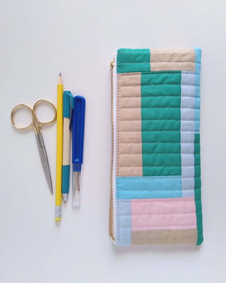 Quilted Color-block Pouch No4, Modern Geometric Patchwork, Medium Accessory Bag for Pens ...