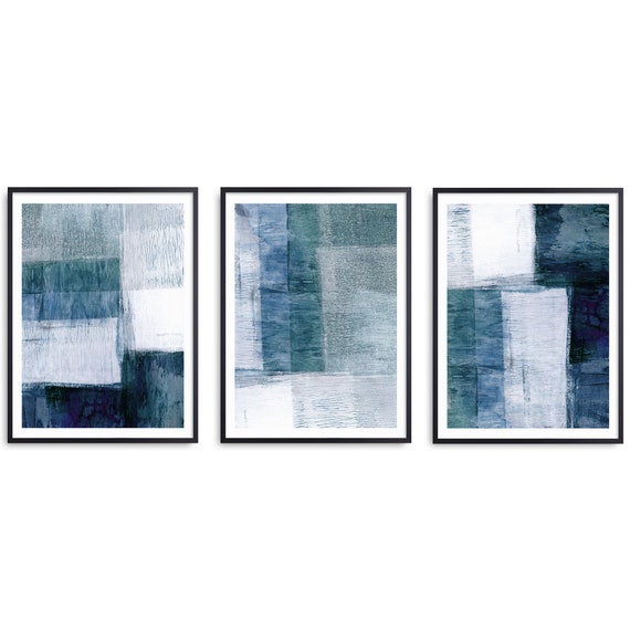 Blue Grey Modern Geometric Abstract Painting Set of 3 Prints - Etsy