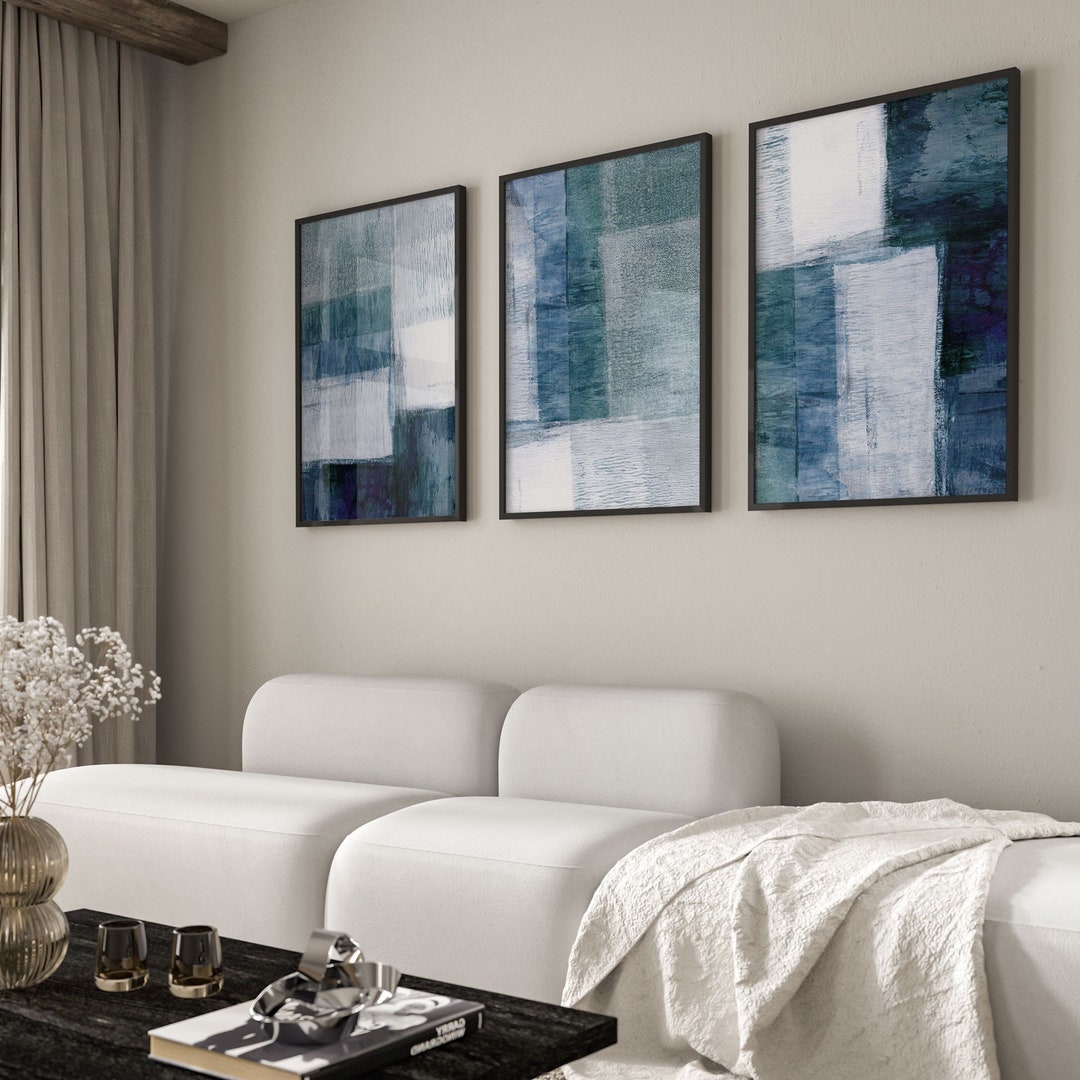 Blue Grey Modern Geometric Abstract Painting Set of 3 Prints - Etsy