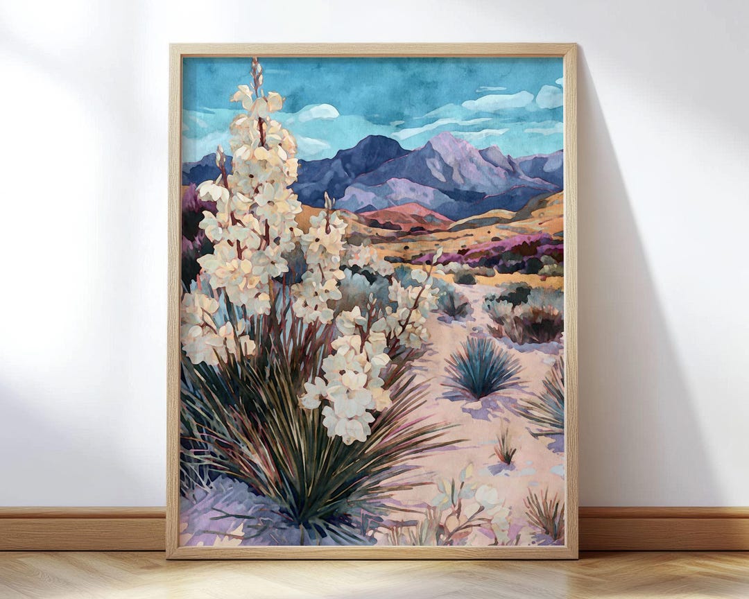 Southwest Yucca Watercolor Print - Purple Desert Mountains and Cream ...