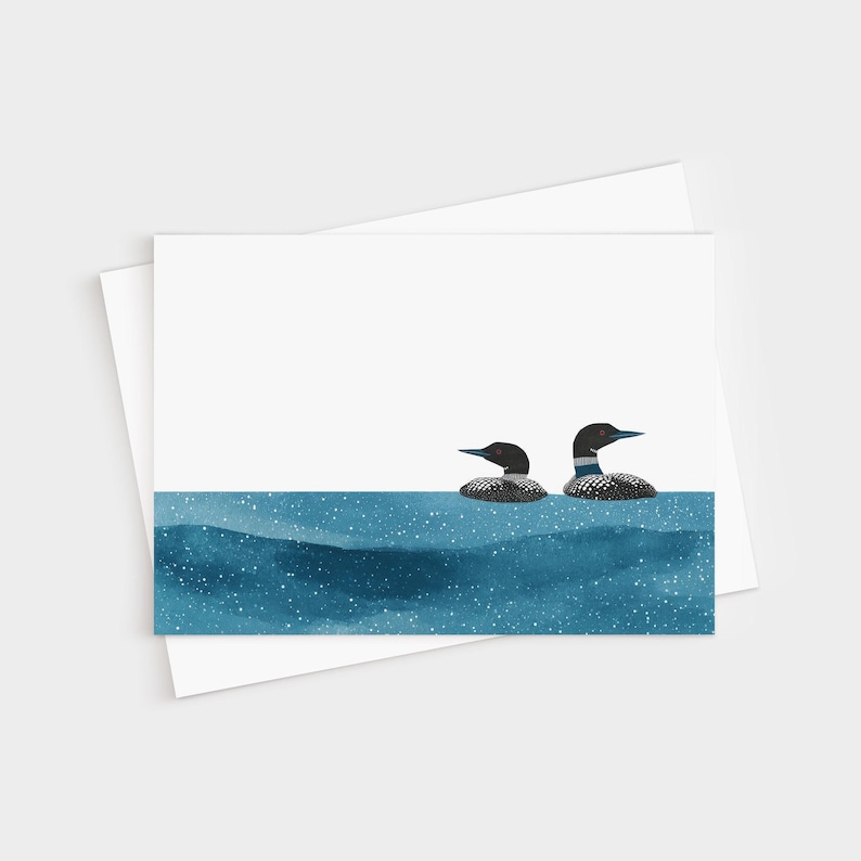 Minimalist Loon Greeting Cards - Watercolor Birds on Blue Lake Blank ...