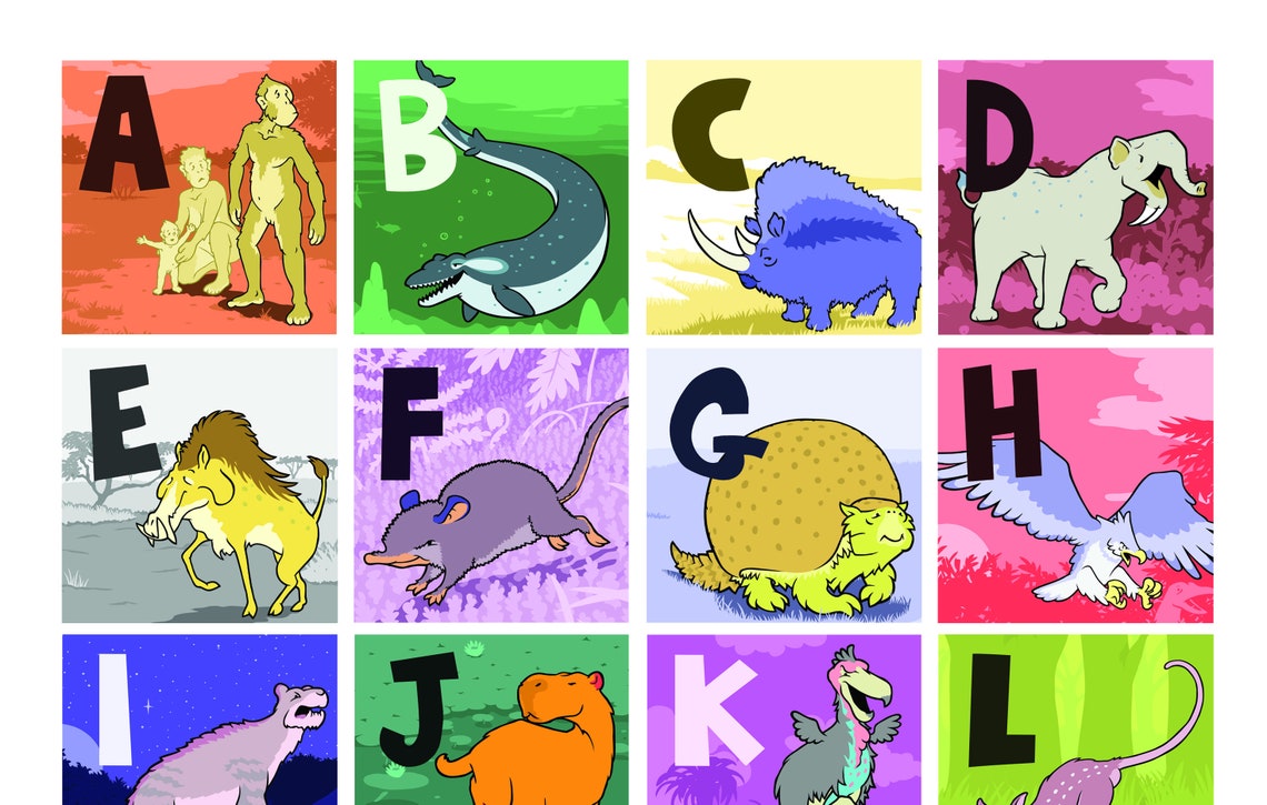 Prehistoric Alphabet Poster Ice Age With Mammoth, Sabre Tooth Tiger ...