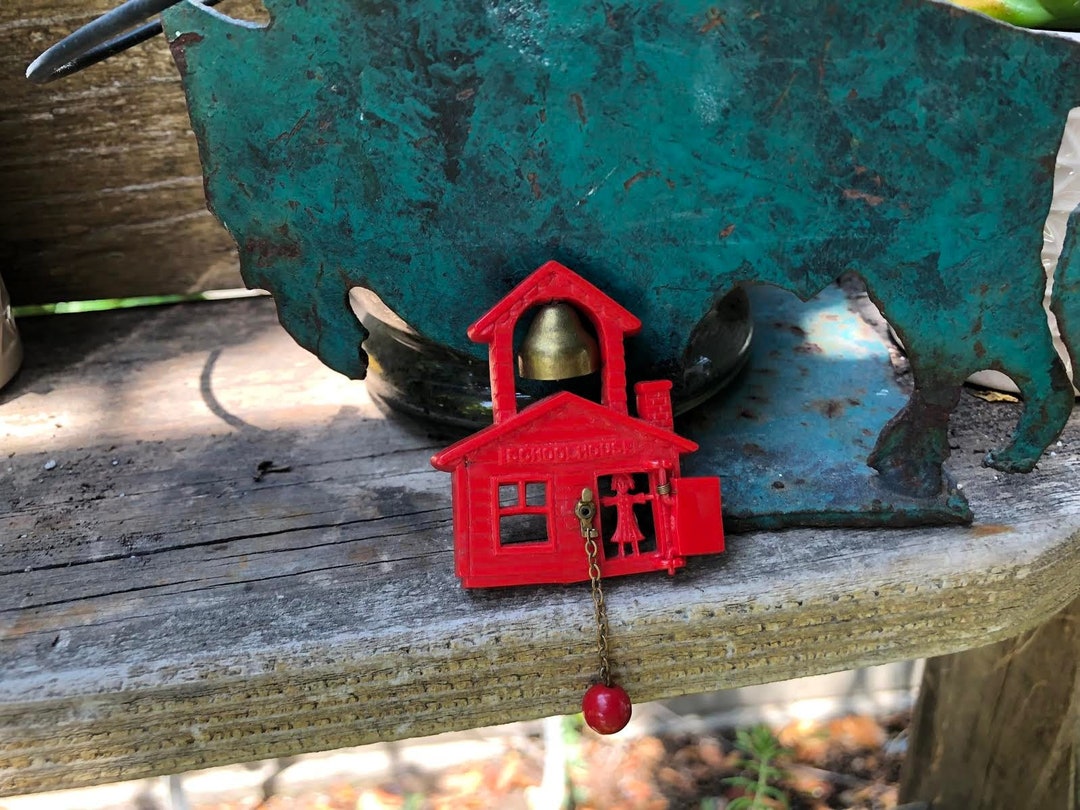 1940's Red Plastic Schoolhouse Pin With Brass Bell and Swinging Door - Etsy