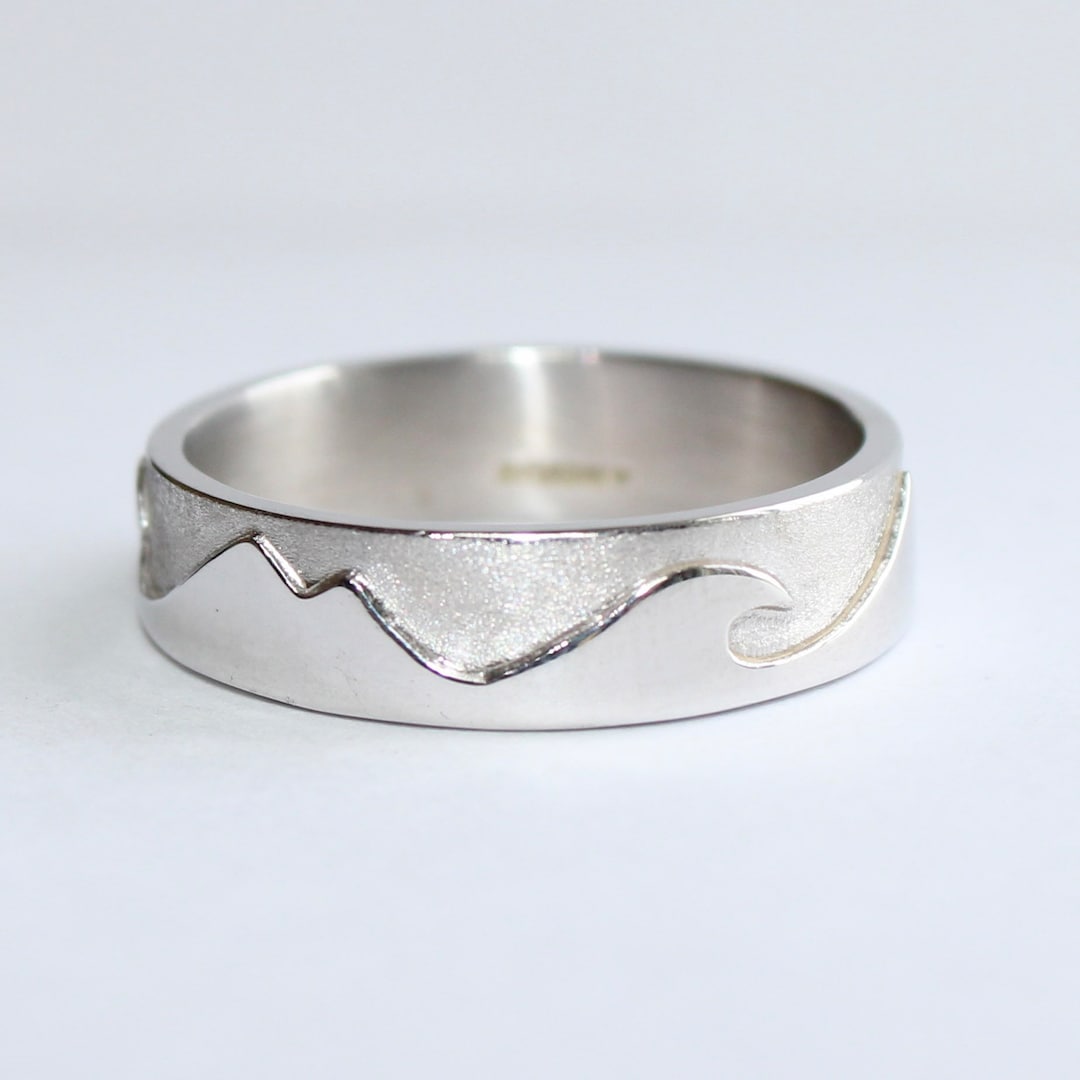 Mens Gold Wave Wedding Ring. Waves and Mountains Ring. Unisex Wave Ring ...