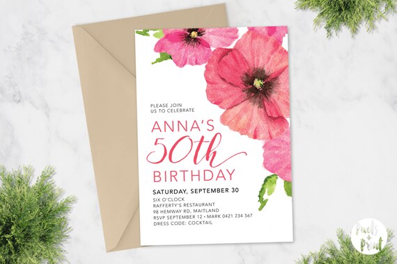 Poppy Floral Printable Birthday Invitation - Etsy