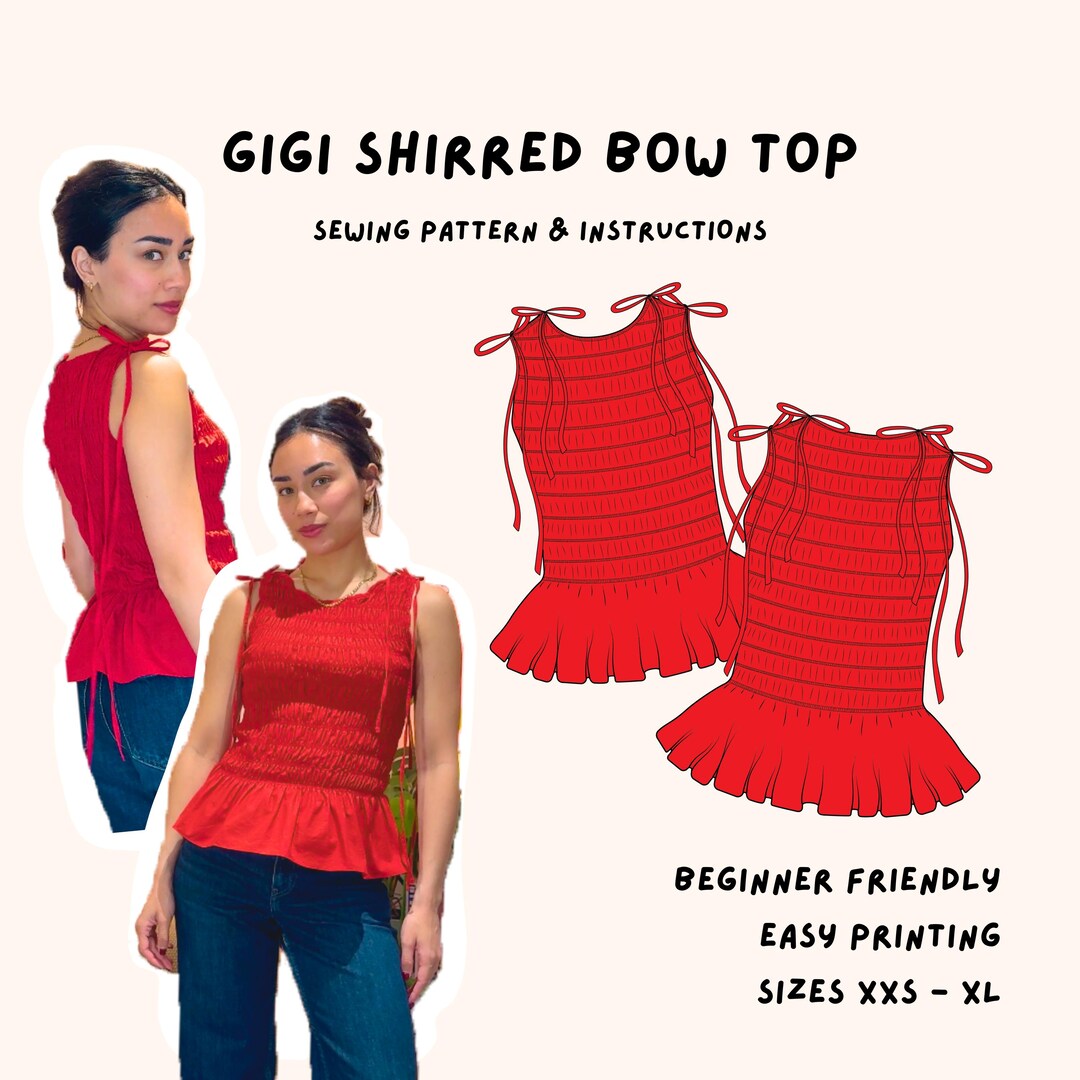 Gigi Shirred Bow Top Sewing Pattern & Instructions - Instant Download ...