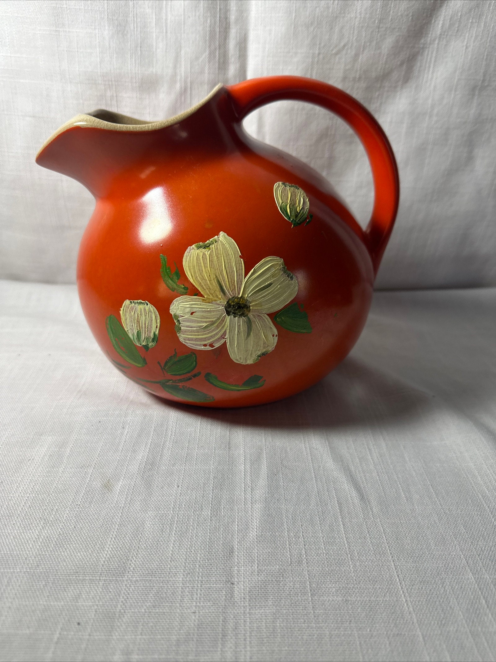 Vintage Bright Orange Pitcher With Ice Lip Hand Painted Made in the USA ...