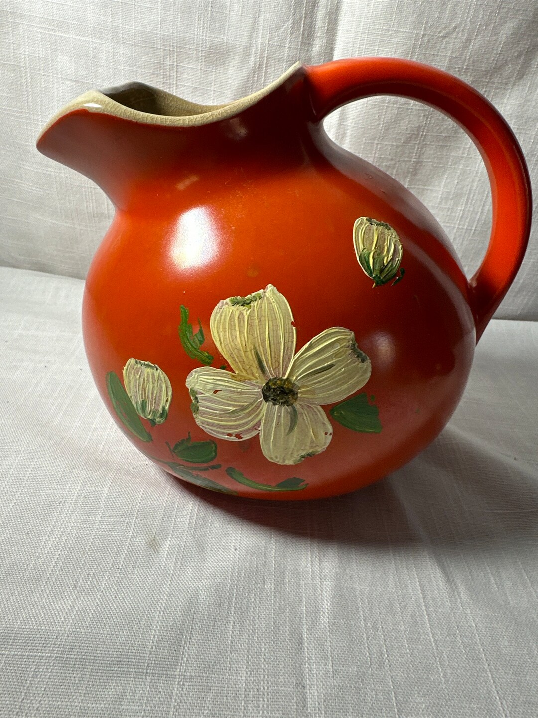 Vintage Bright Orange Pitcher With Ice Lip Hand Painted Made in the USA ...