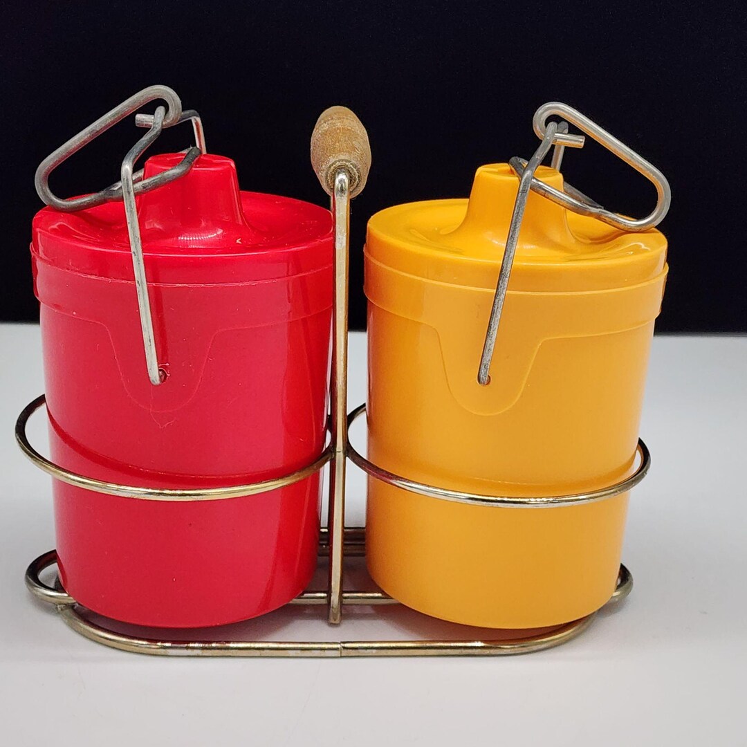 Vintage 1970s Red Yellow Plastic Condiment Containers Metal Holder ...